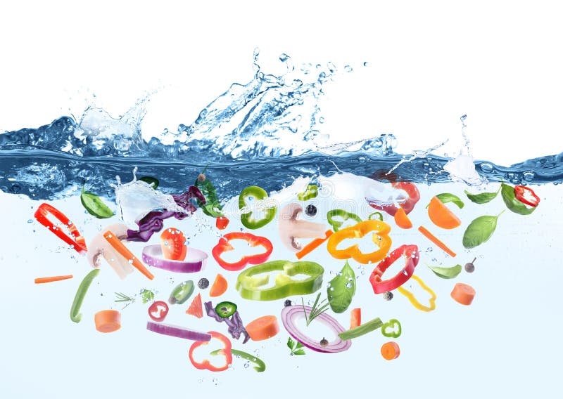 Many Ingredients in Water with Splashes. Soup Recipe Stock Image ...