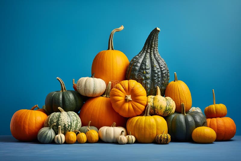 Many Different Kinds of Gourds are Stacked Up Against a Blue Background ...
