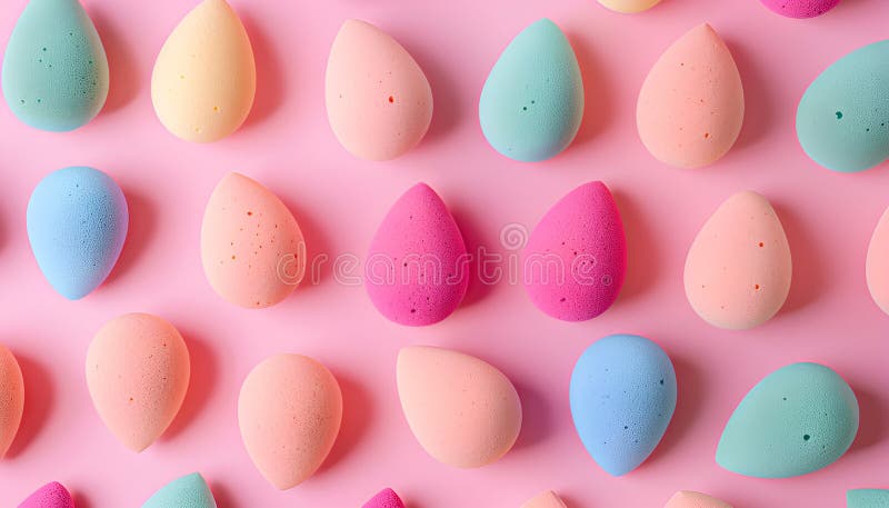 Many Different Makeup Sponges on Pink Background, Top View. Space for ...