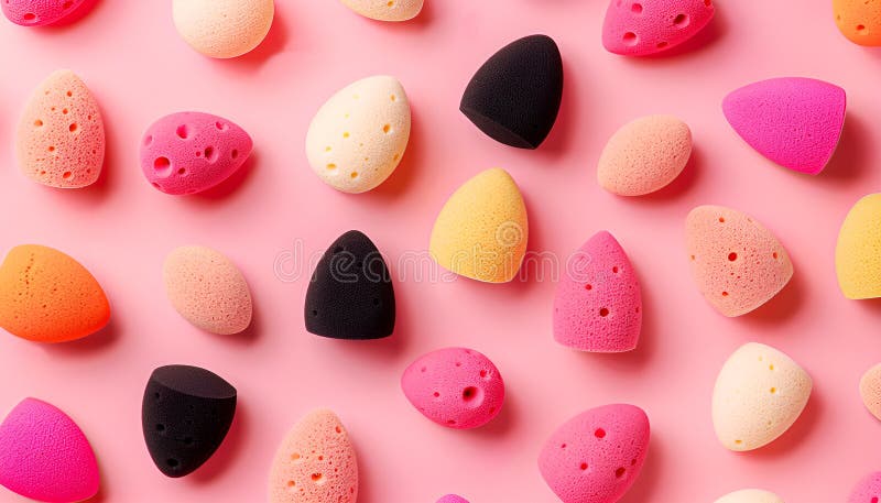Many Different Makeup Sponges on Pink Background, Top View. Space for ...