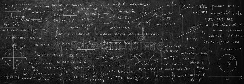 Many Different Math Formulas Written on Blackboard. Algebra and ...