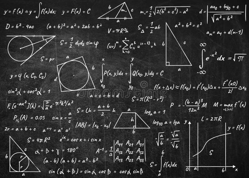 Many Different Math Formulas Written on Blackboard. Algebra and ...