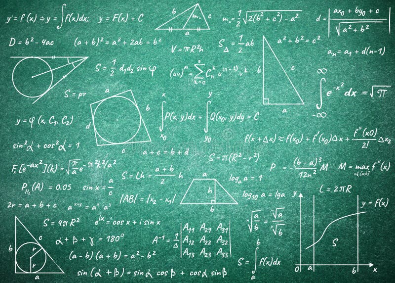 Many Different Math Formulas Written on Chalkboard. Algebra and ...