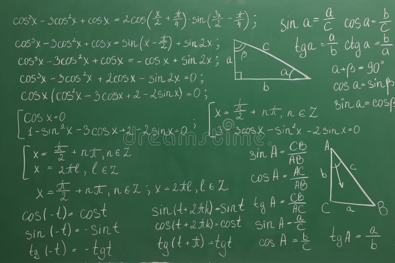 Many Different Math Formulas Written on Green Chalkboard Stock Image ...