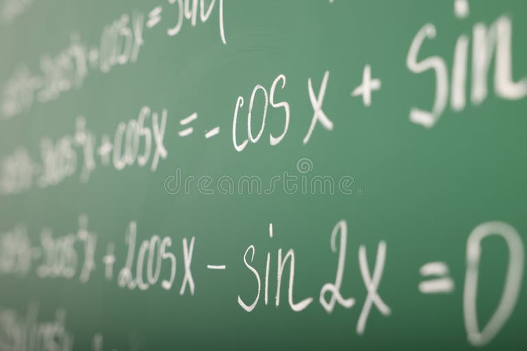 Many Different Math Formulas Written on Green Chalkboard, Closeup Stock ...