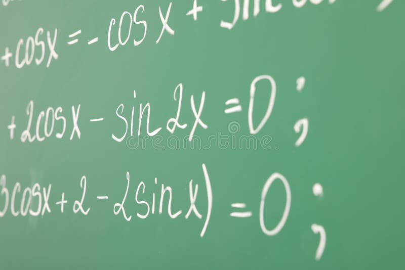 Many Different Math Formulas Written on Green Chalkboard, Closeup Stock ...