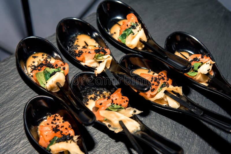 Many Different Meat Canapes for the Whole Frame. Horizontal Frame Stock ...