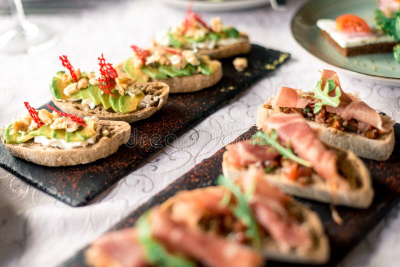 Many Different Meat Canapes for the Whole Frame. Horizontal Frame Stock ...