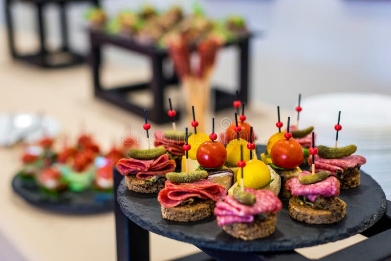 Many Different Meat Canapes for the Whole Frame. Horizontal Frame Stock ...