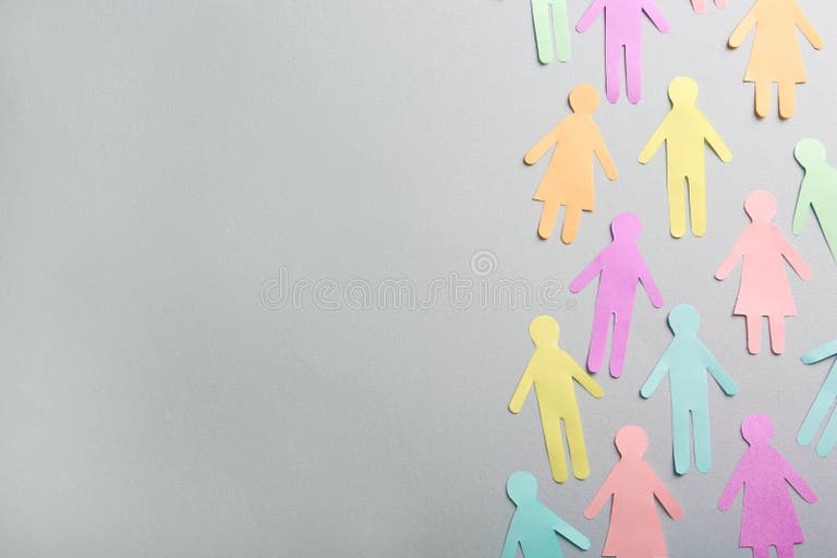 Many Different Paper Human Figures on Grey Background, Flat Lay with ...