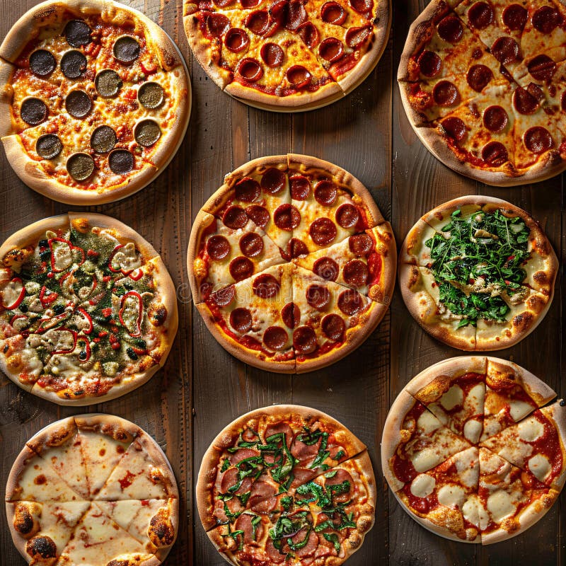 Many Different Pizzas on the Wooden Table Stock Illustration ...