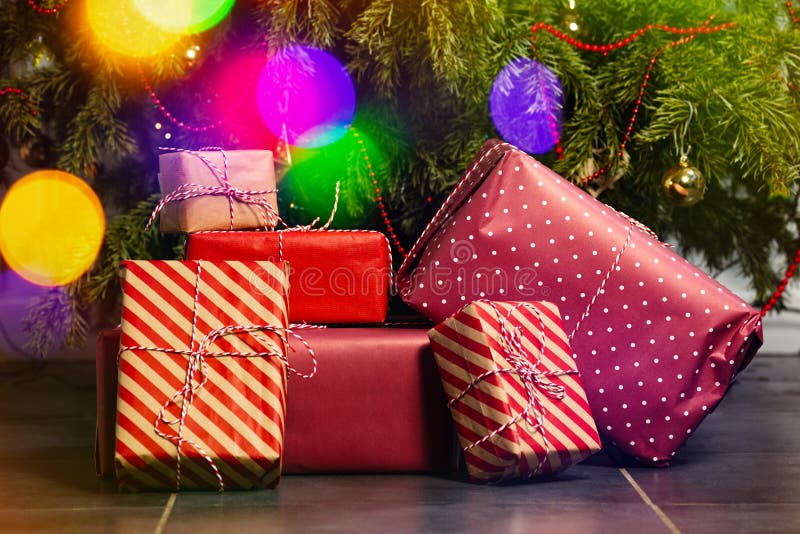 Many Different Present Boxes Stacked Lay Under Christmas Tree Stock ...
