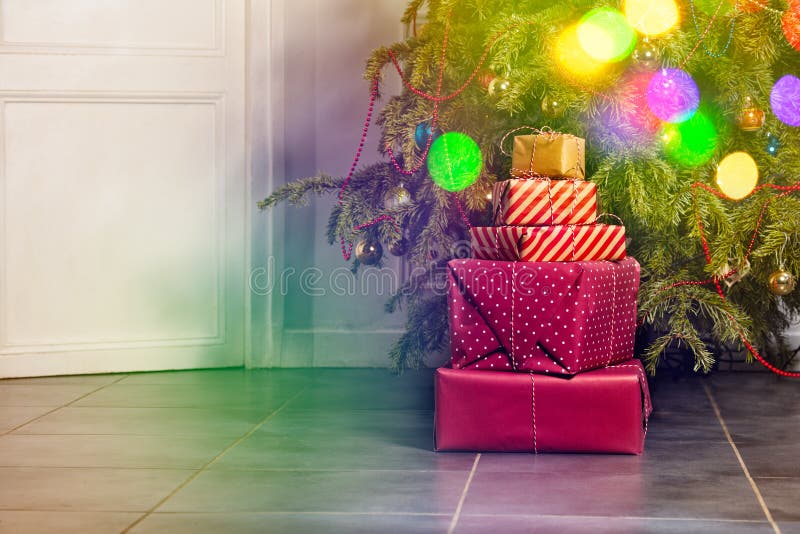 Many Different Present Boxes Stacked Under Christmas Tree Stock Image ...