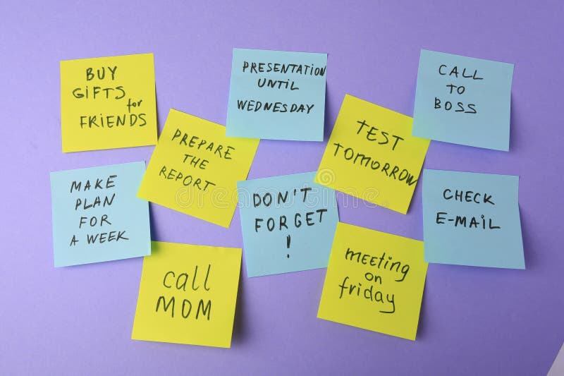 Many Different Reminder Notes on Violet Background Stock Photo - Image ...