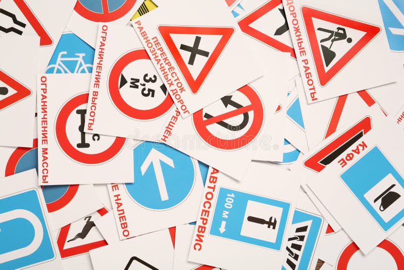 Many Different Road Signs As Background, Top View. Driving School Stock ...