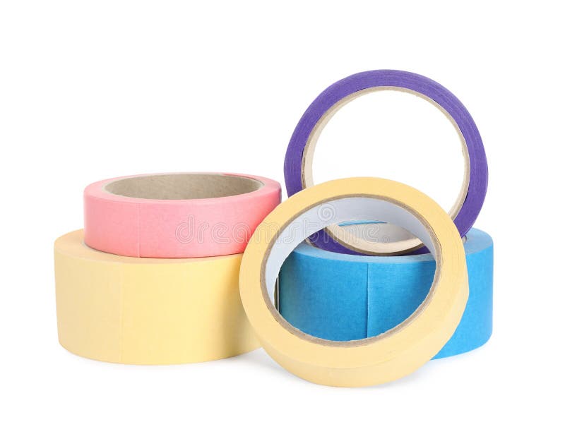 Many Different Rolls of Adhesive Tape on White Background Stock Image ...