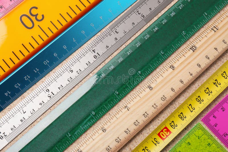 Many Different Rulers on Fiberboard, Flat Lay Stock Photo - Image of ...