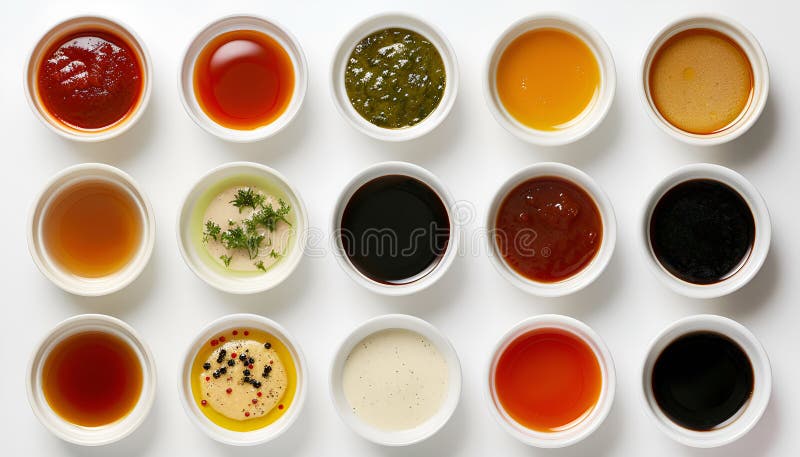 Many Different Sauces in Bowls on White Background, Top View Stock ...