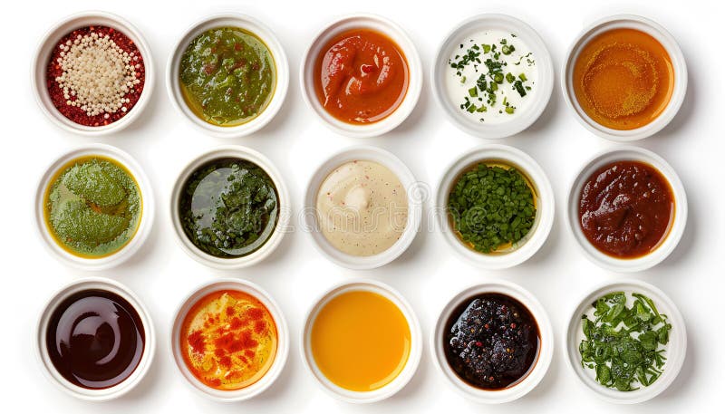 Many Different Sauces in Bowls on White Background, Top View Stock ...