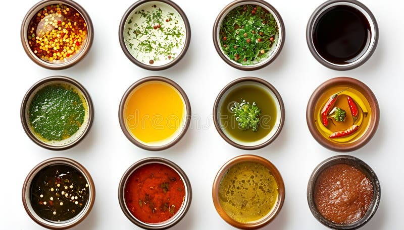Many Different Sauces in Bowls on White Background, Top View Stock ...