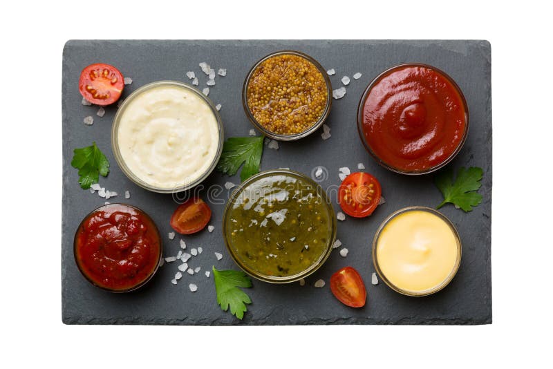 Many Different Sauces and Herbs Isolated on White Background, Flat Lay ...