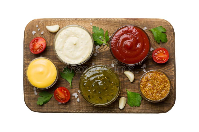 Many Different Sauces and Herbs Isolated on White Background, Flat Lay ...