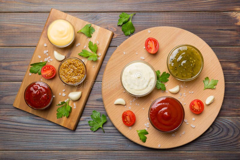 Many Different Sauces and Herbs on Table, Flat Lay Top View. Sauces on ...