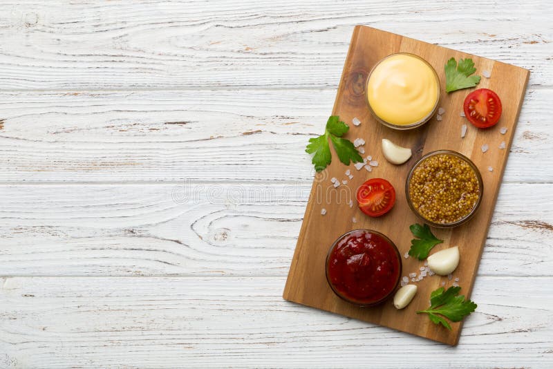 Many Different Sauces and Herbs on Table, Flat Lay Top View. Sauces on ...