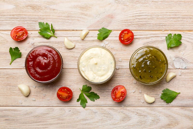 Many Different Sauces and Herbs on Table, Flat Lay Top View. Sauces ...