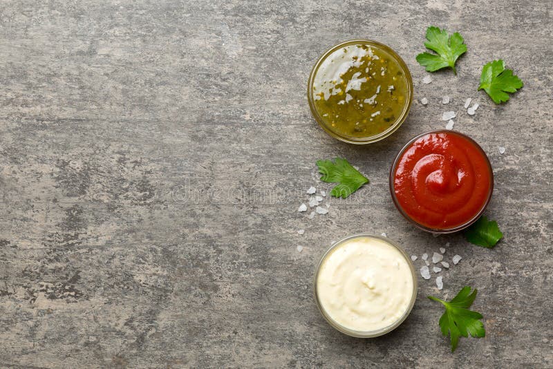 Many Different Sauces and Herbs on Table, Flat Lay Top View. Sauces ...