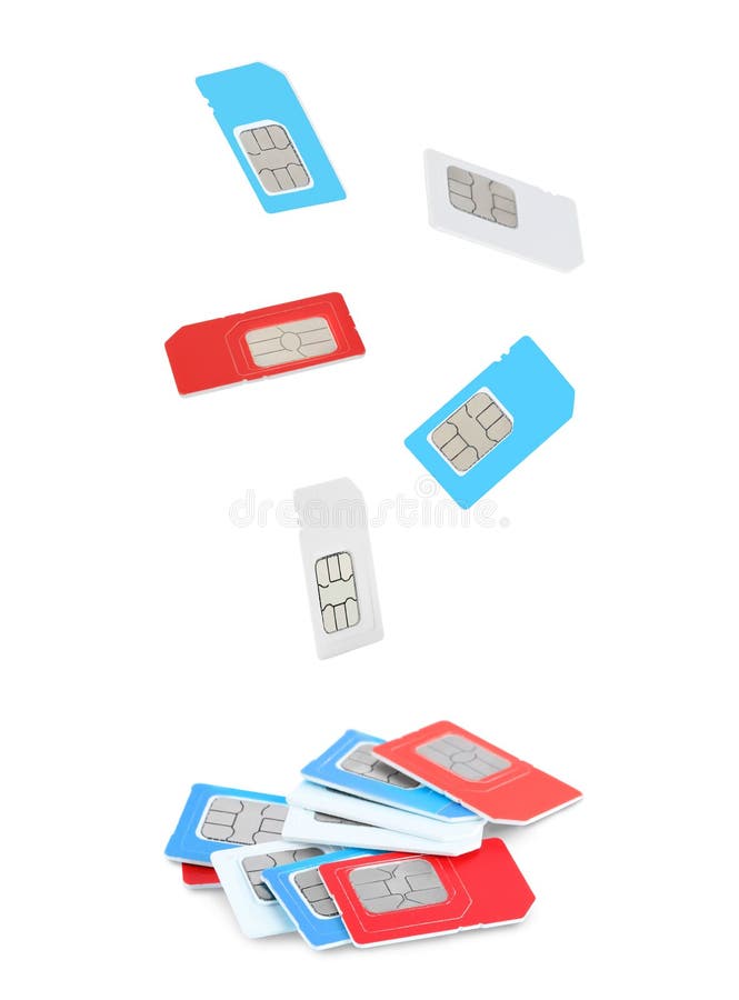 Many Different SIM Cards Falling on White Background Stock Image ...
