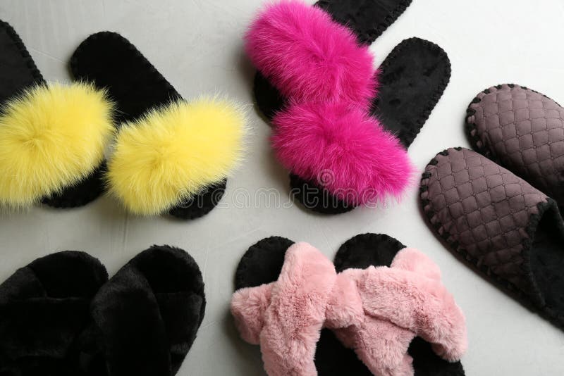 Many Different Soft Slippers on Light Grey Background, Flat Lay Stock ...