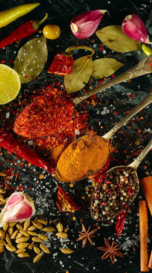 Different Spices and Aromatic Herbs on a Dark Table. Vertical Photo ...