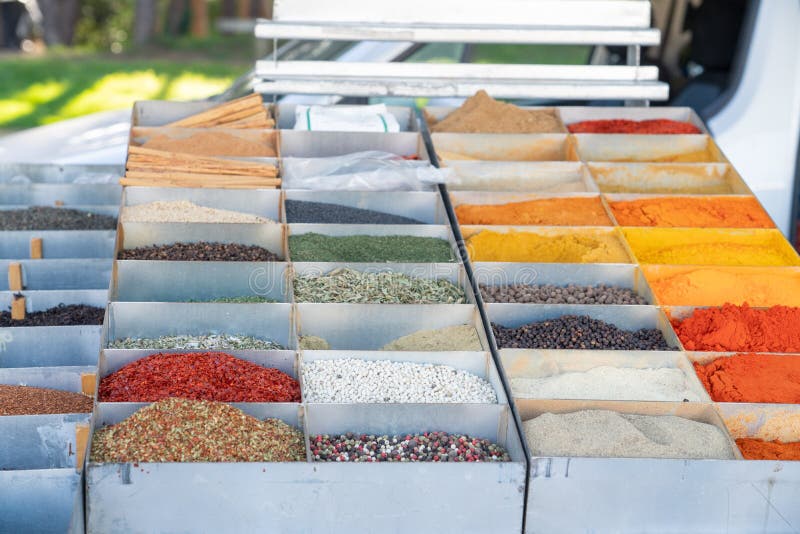 Many Different Spices in Boxes on the Counter of the Weekend Market ...