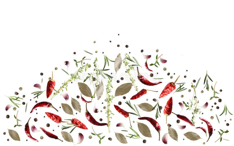 Many Different Spices Flying on White Background Stock Illustration ...