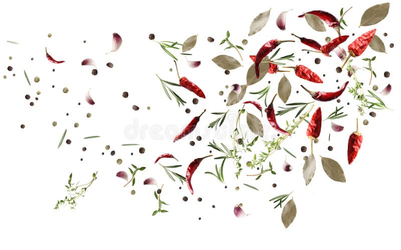 Many Different Spices Flying on White Background Stock Photo - Image of ...