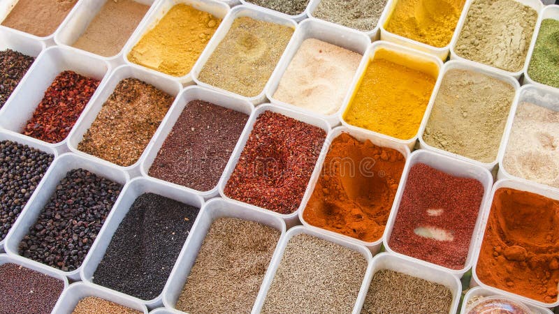 Many Different Spicy Fragrant Multi-colored Condiments in Containers ...