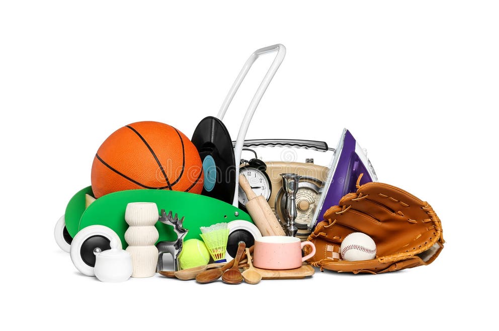 Many Different Stuff Isolated on White. Garage Sale Stock Image - Image ...