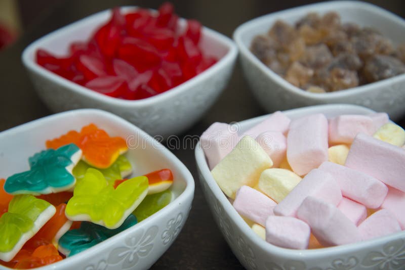 Many Different Sweets are in White Bowls. Stock Photo - Image of green ...