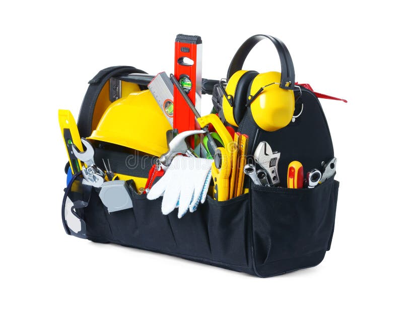 Many Different Tools in Box Isolated on White Stock Image - Image of ...