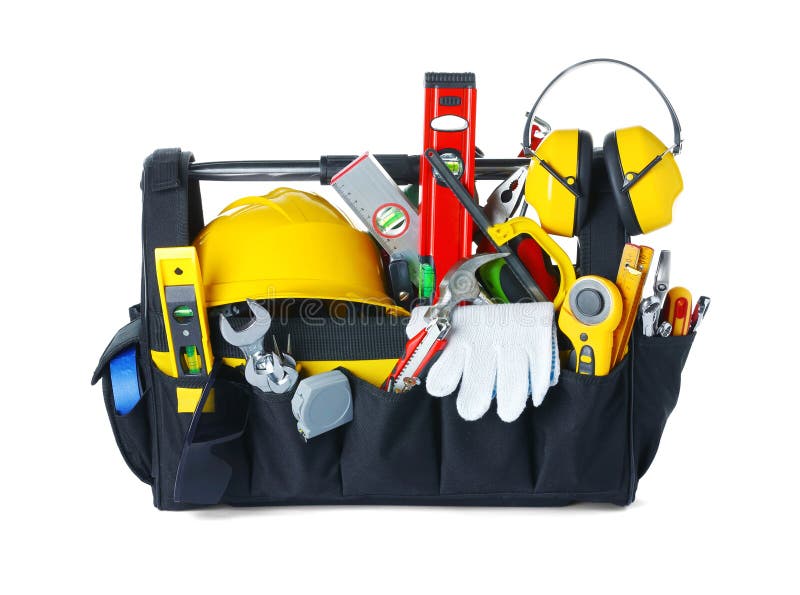 Many Different Tools in Box Isolated on White Stock Photo - Image of ...