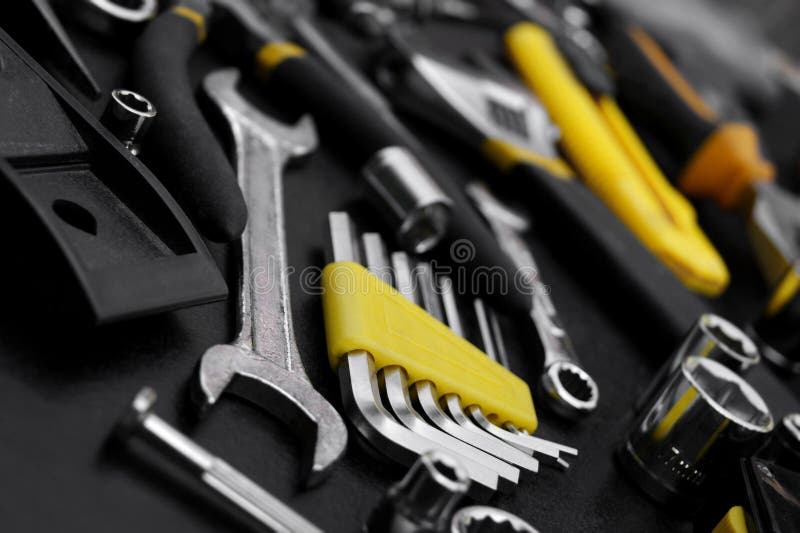 Many Different Tools for Repair Work on a Black Background Stock Photo ...