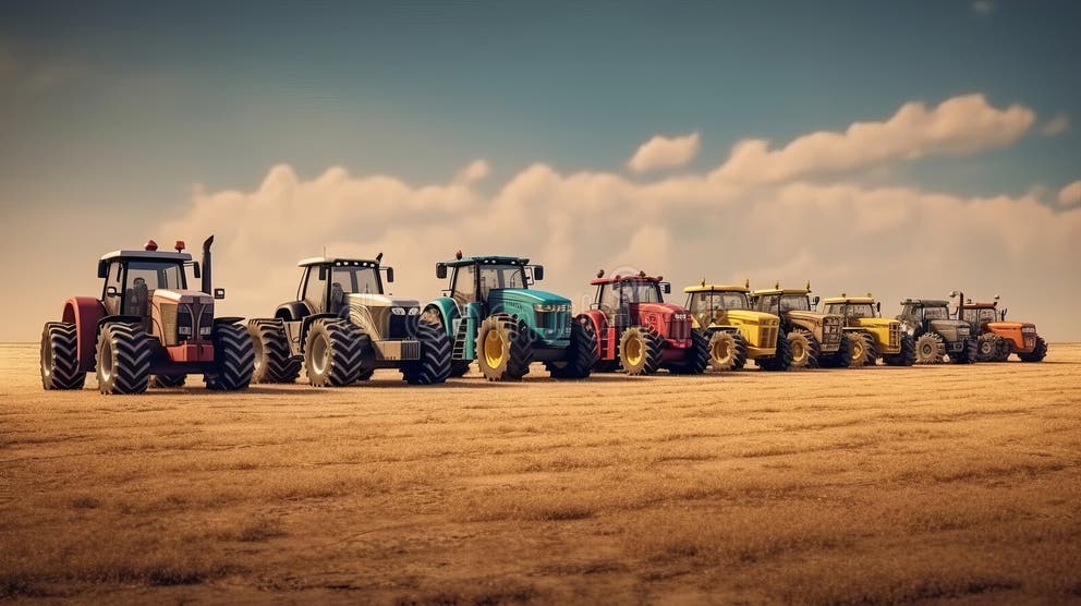 Many Different Tractors Standing in Row. Generative AI Stock ...