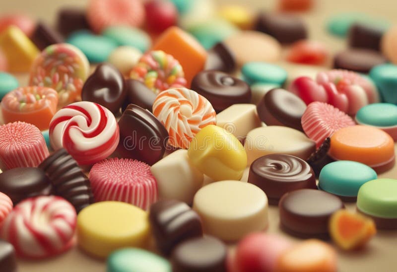 Many Different Types of Candy on a Brown Surface and Scattered Around ...