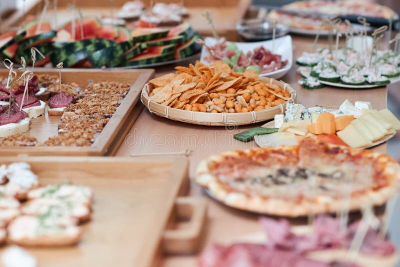 Many Different Types of Food on a Table Stock Image - Image of snack ...