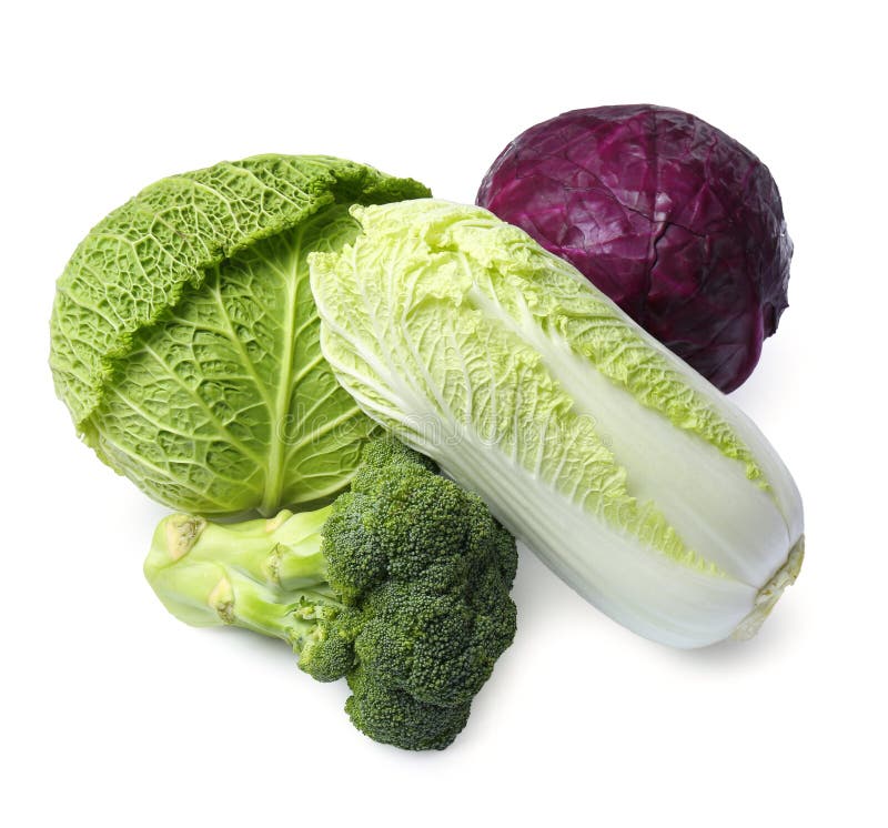 Many Different Types of Fresh Cabbage on White Background Stock Photo ...