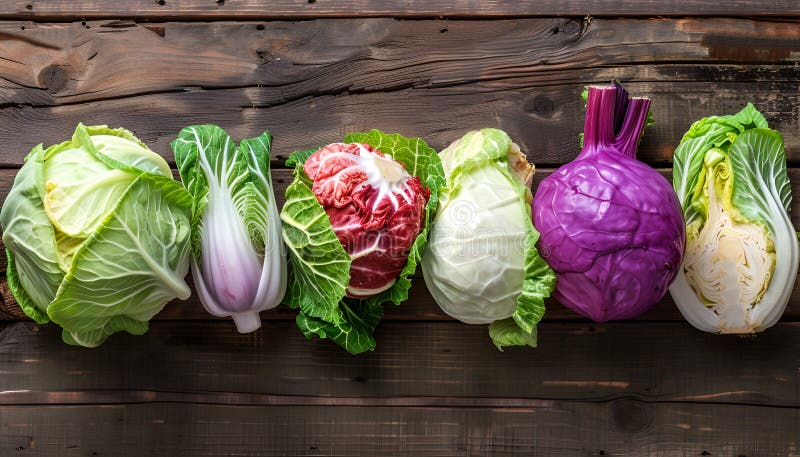Many Different Types of Fresh Cabbage on Wooden Table Stock ...