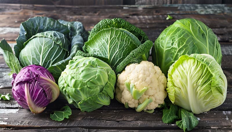 Many Different Types of Fresh Cabbage on Wooden Table Stock ...