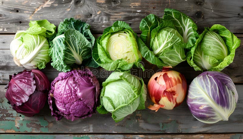 Many Different Types of Fresh Cabbage on Wooden Table Stock ...