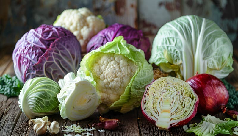 Many Different Types of Fresh Cabbage on Wooden Table Stock ...